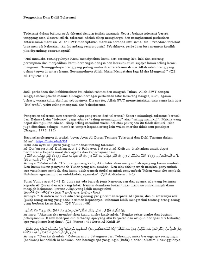 Pengertian Dan Dalil Toleransi | PDF