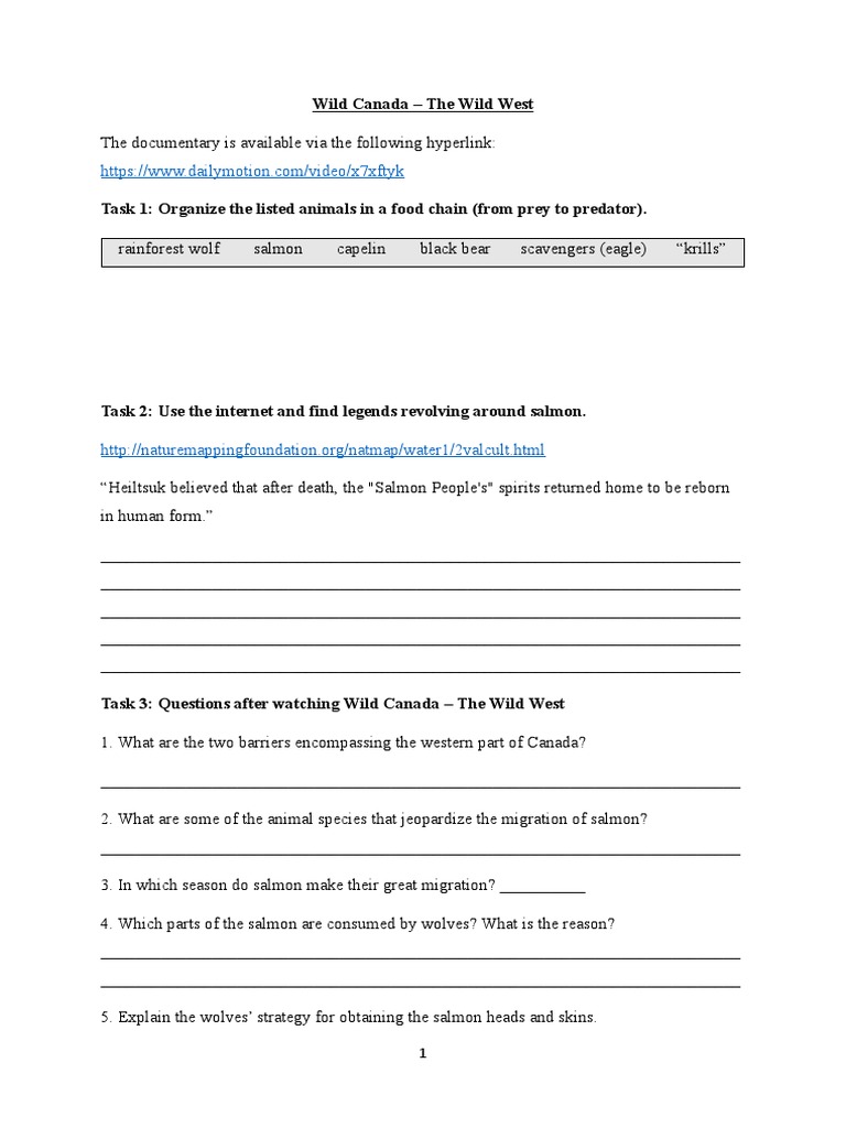 Wild Canada - The Wild West Worksheet | PDF | Salmon | Spawn (Biology)