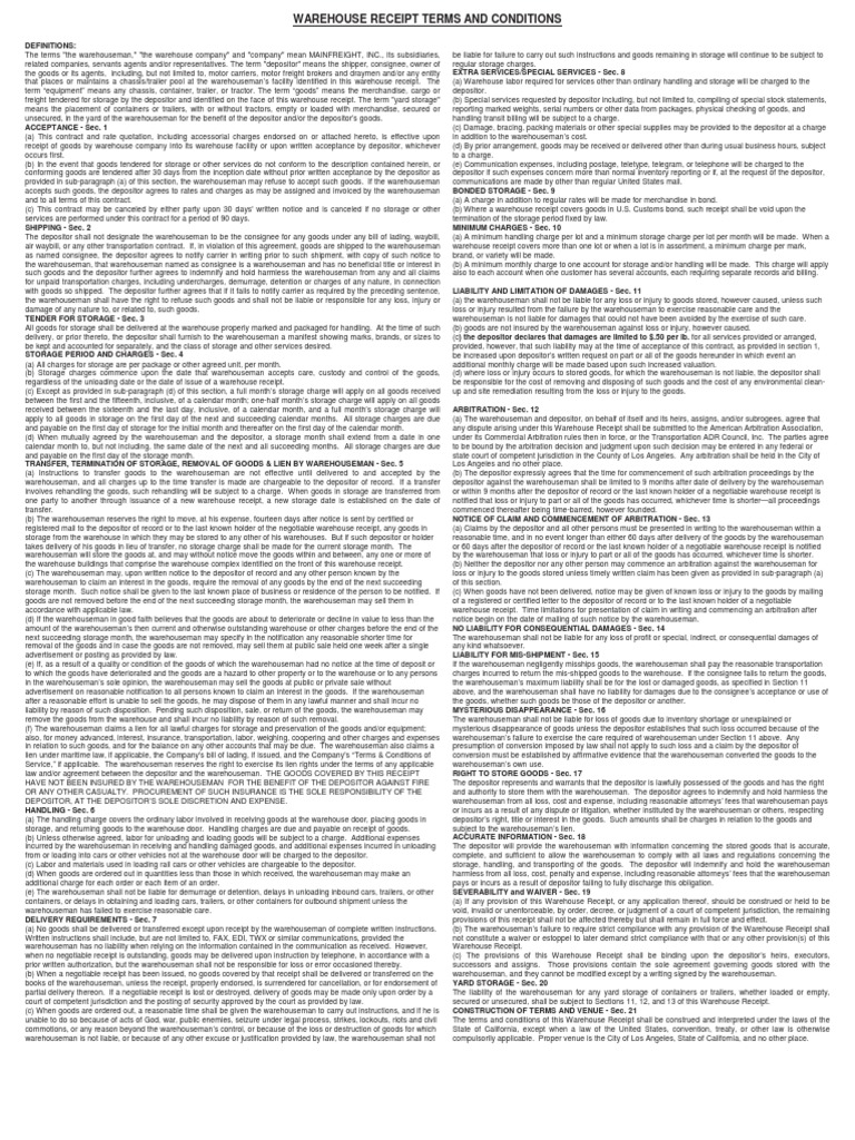 Warehouse Terms and Conditions | PDF | Indemnity | Legal Liability