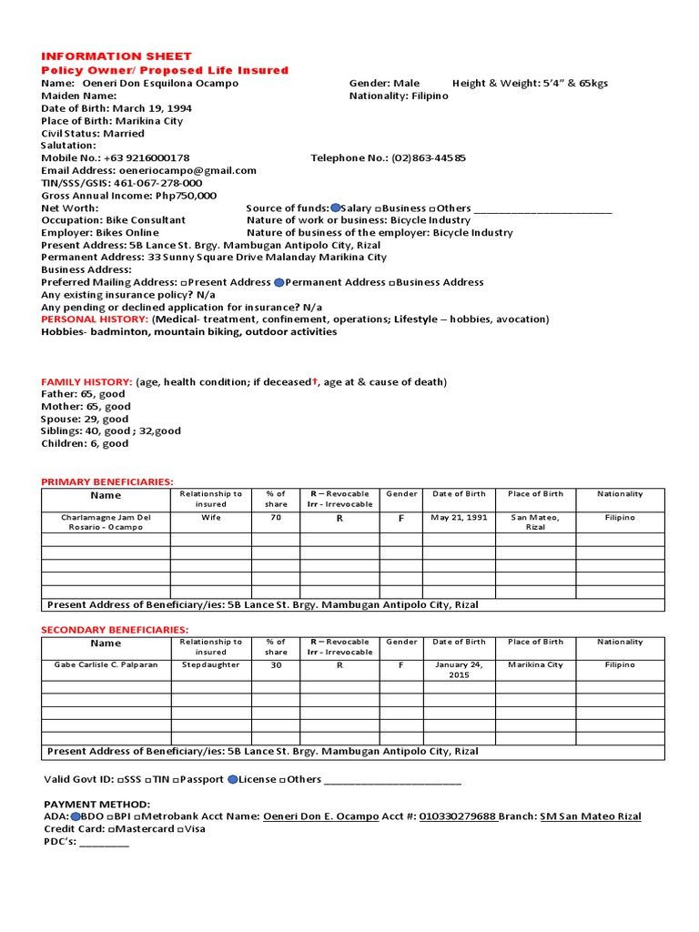 Ocampo Life Insurance Information Sheet | PDF | Wellness