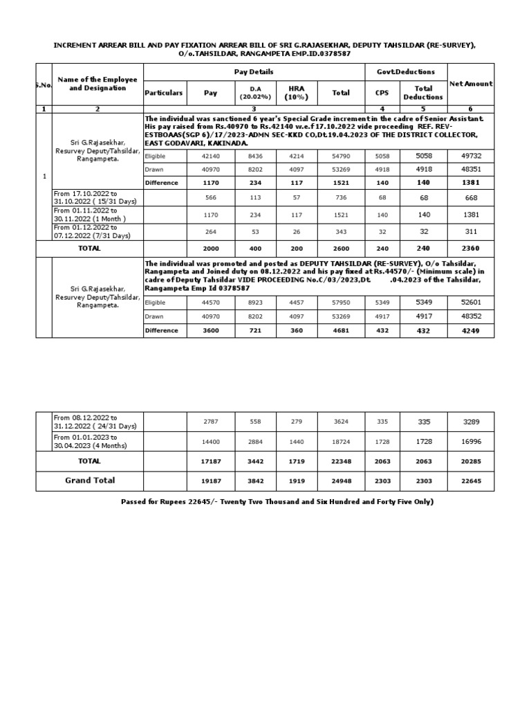 Increment Arrear Bill & Pay Fixation | PDF | Government Of India ...