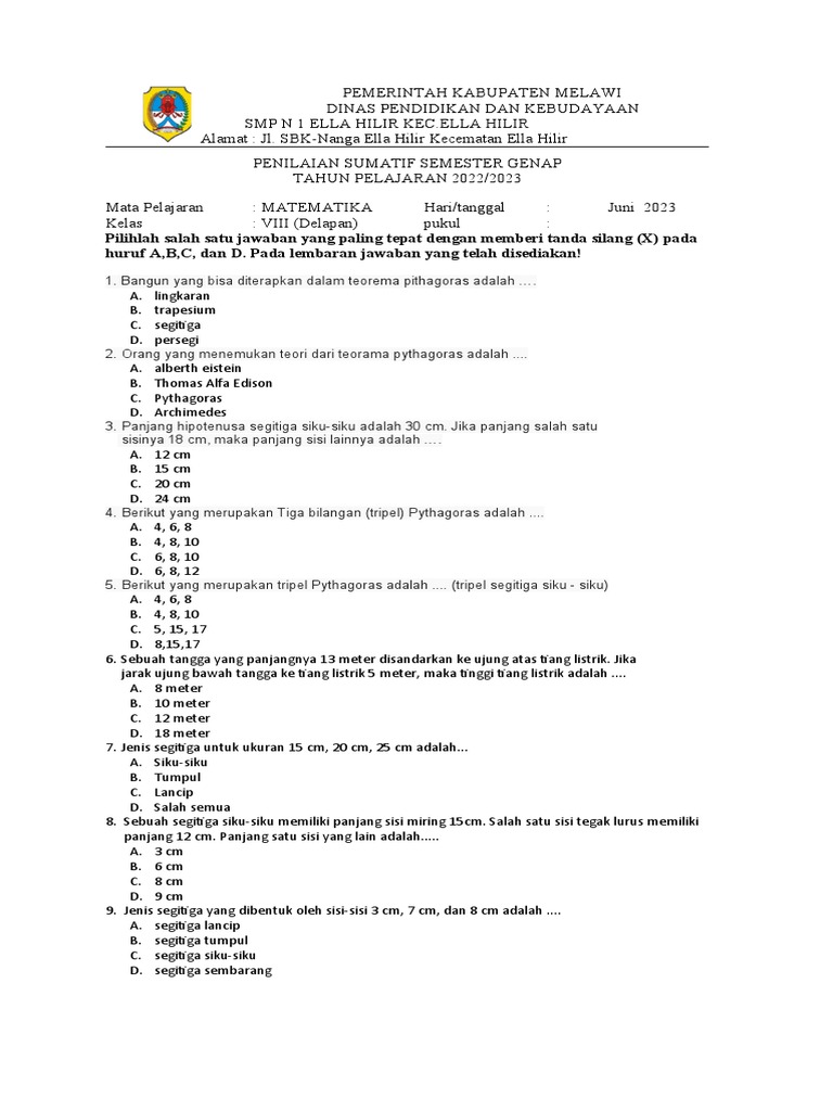 SOAL MTK KELAS 8 GENAP 2023 Oke - 1 | PDF