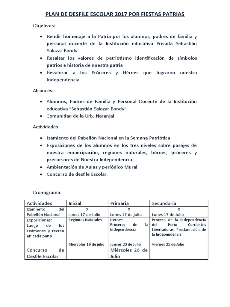 Plan de Desfile Escolar 2017 por Fiestas Patrias | PDF | América del Sur