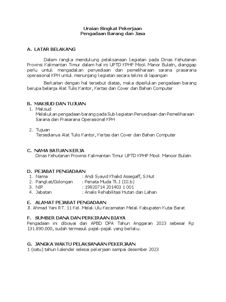 Uraian Singkat Pekerjaan | PDF