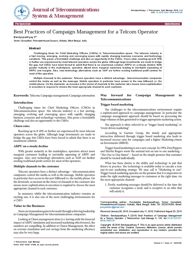 Best Practices of Campaign Management For A Telcom Operator 2167 0919 ...