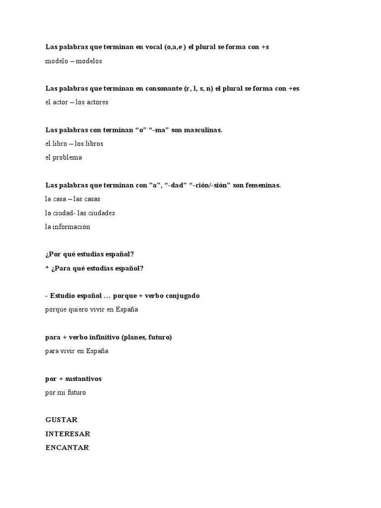 Basic Spanish Grammar Notes | PDF | Plural | Lengua española