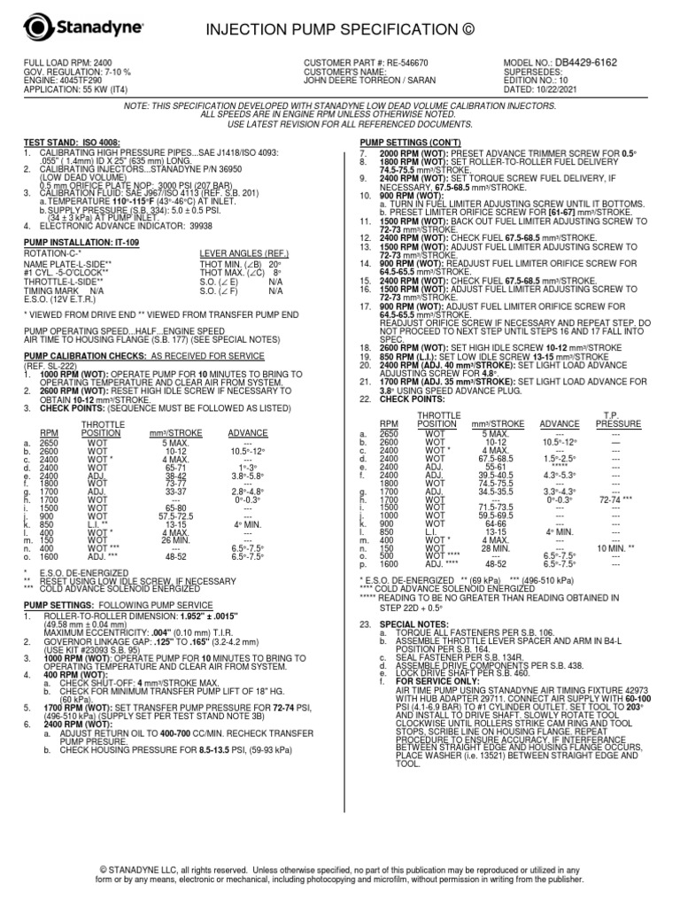 Injection Pump Specification © | PDF | Pump | Horsepower