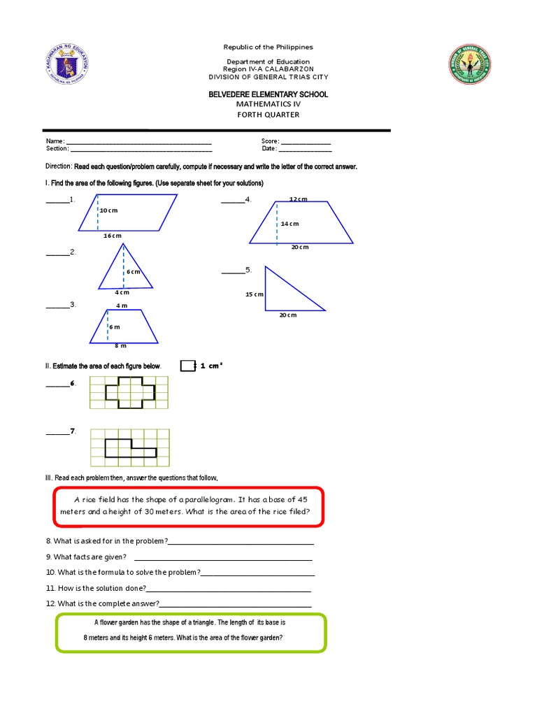 PT - Mathematics 4 - q4 v1 | PDF | Area | Volume