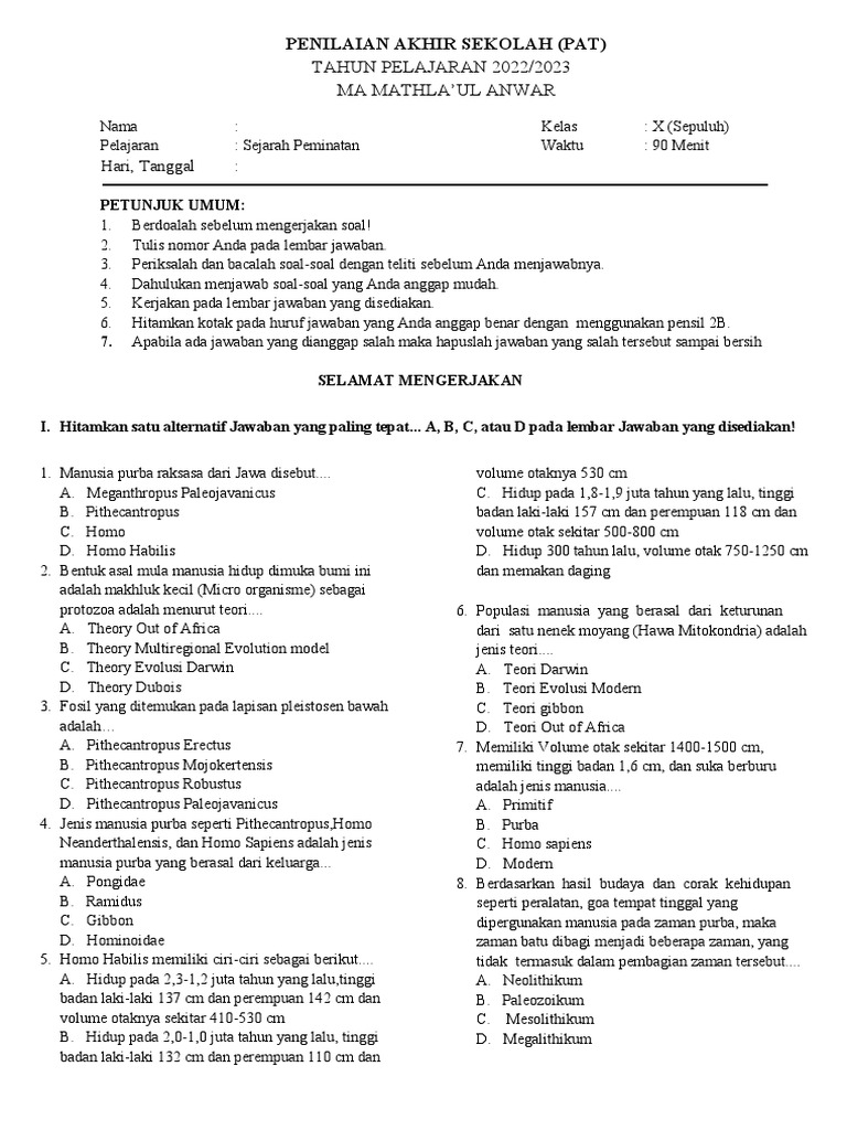 Soal PAT Sejarah Peminatan Kelas X MA | PDF