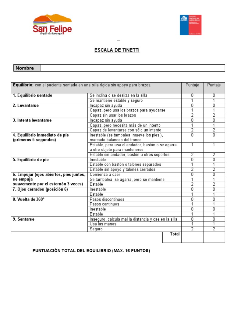 Evaluación de Equilibrio y Marcha Tinetti | PDF