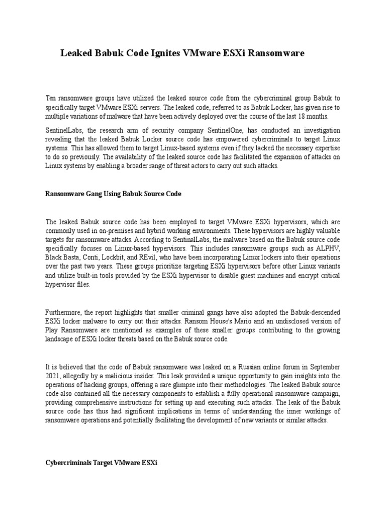 Leaked Babuk Code Ignites VMware ESXi Ransomware | PDF | Ransomware ...