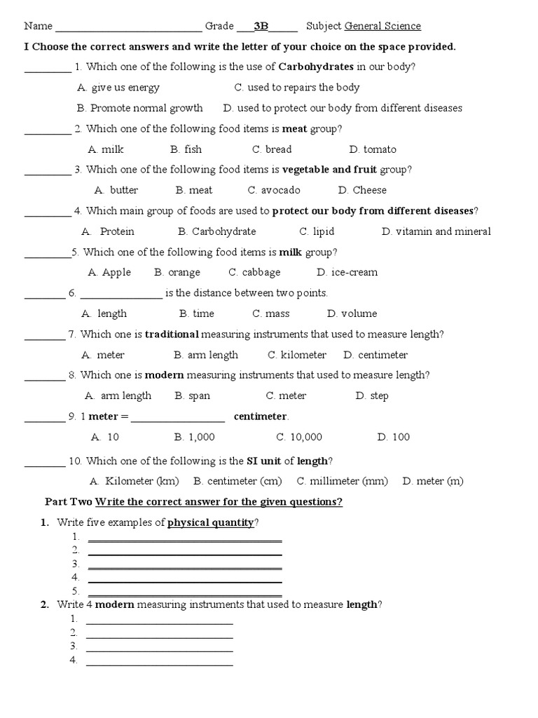 General Science Quiz for Grade 3B | PDF