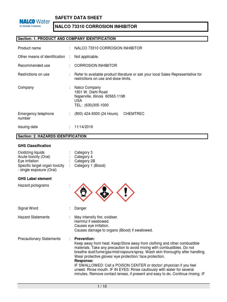 Safety Data Sheet Nalco 73310 Corrosion Inhibitor: Section: 1. Product and Company ...