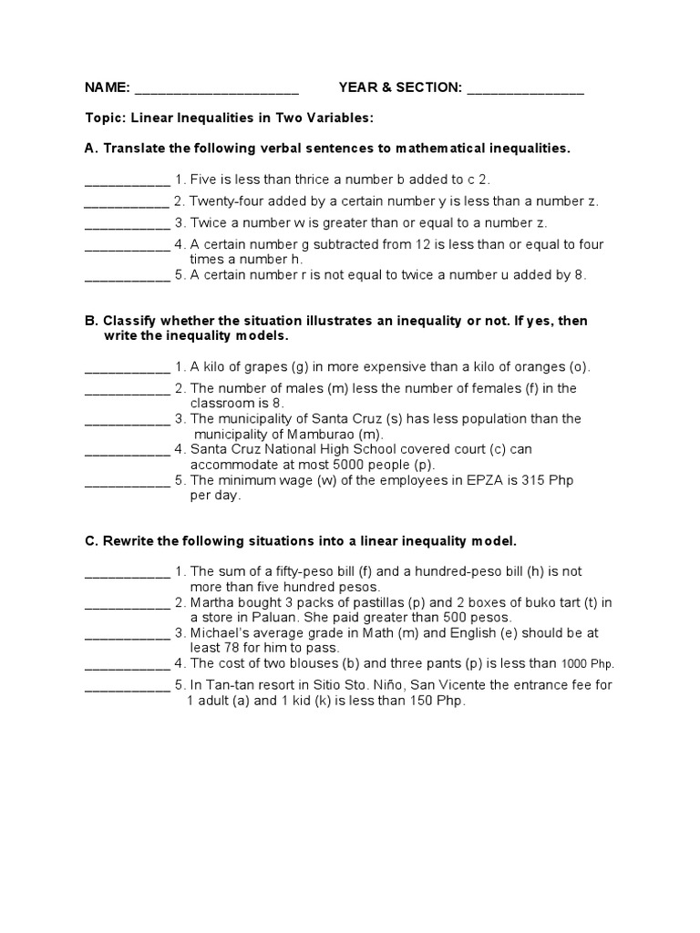 Linear Inequalities in Two Variables Grade 8 | PDF