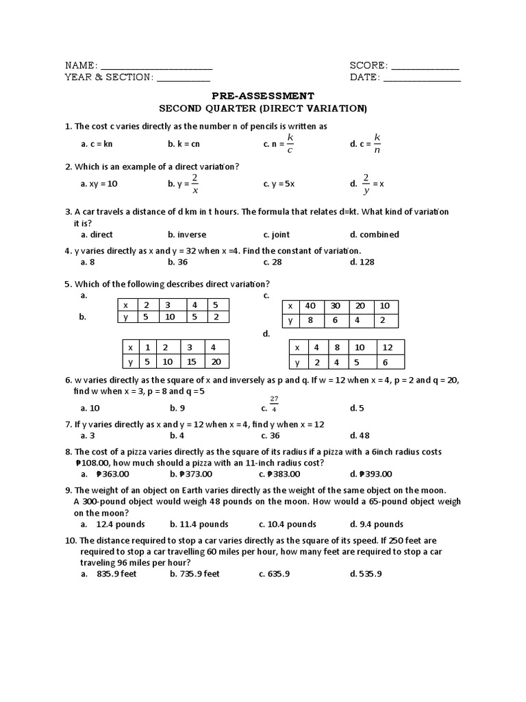 Pre-Assessment Direct Variation | PDF