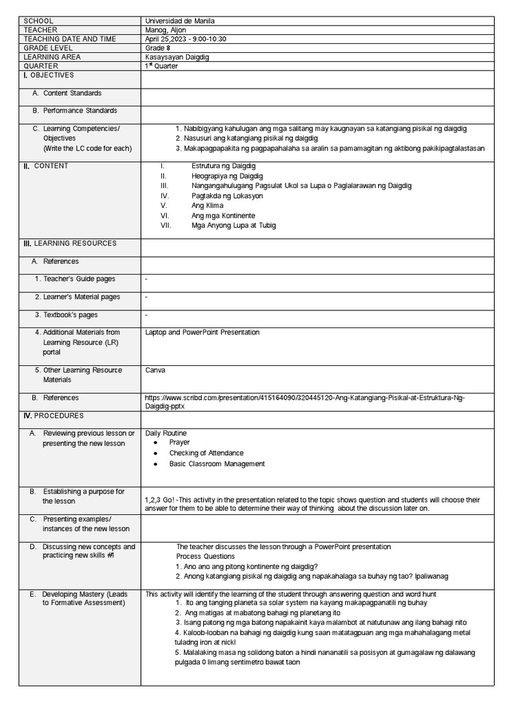 Lesson Plan Grade 8 Updated | PDF | Lesson Plan | Teachers