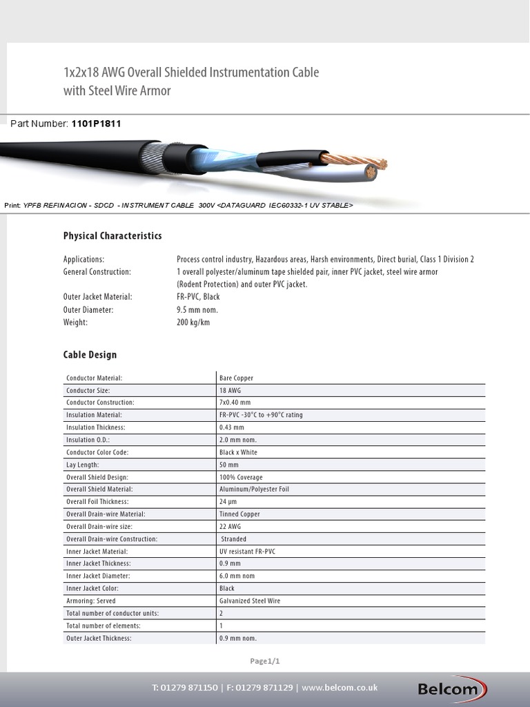 1x2x18 AWG Overall Shielded Instrumentation Cable With Steel Wire Armor ...