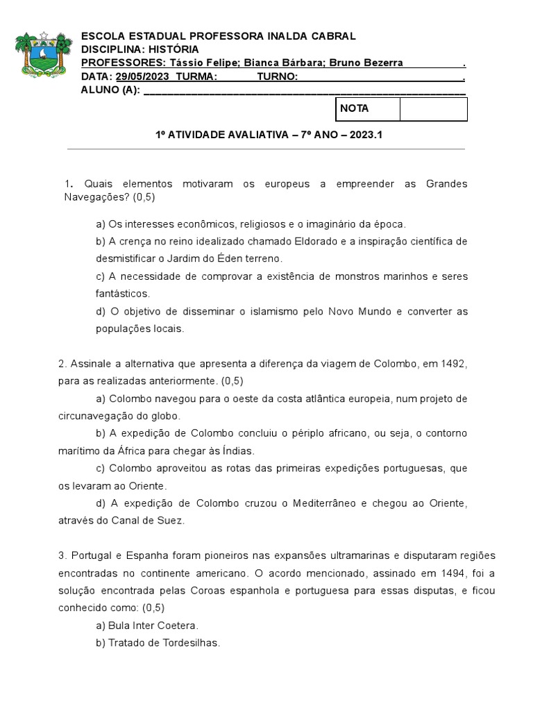 Prova 7° Ano História Renascimento | PDF | Cristóvão Colombo | Era dos Descobrimentos