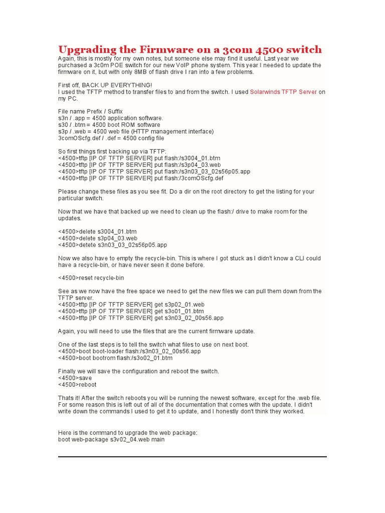 Upgrading Firmware on 3Com 4500 Switch | PDF | Booting | Application Software