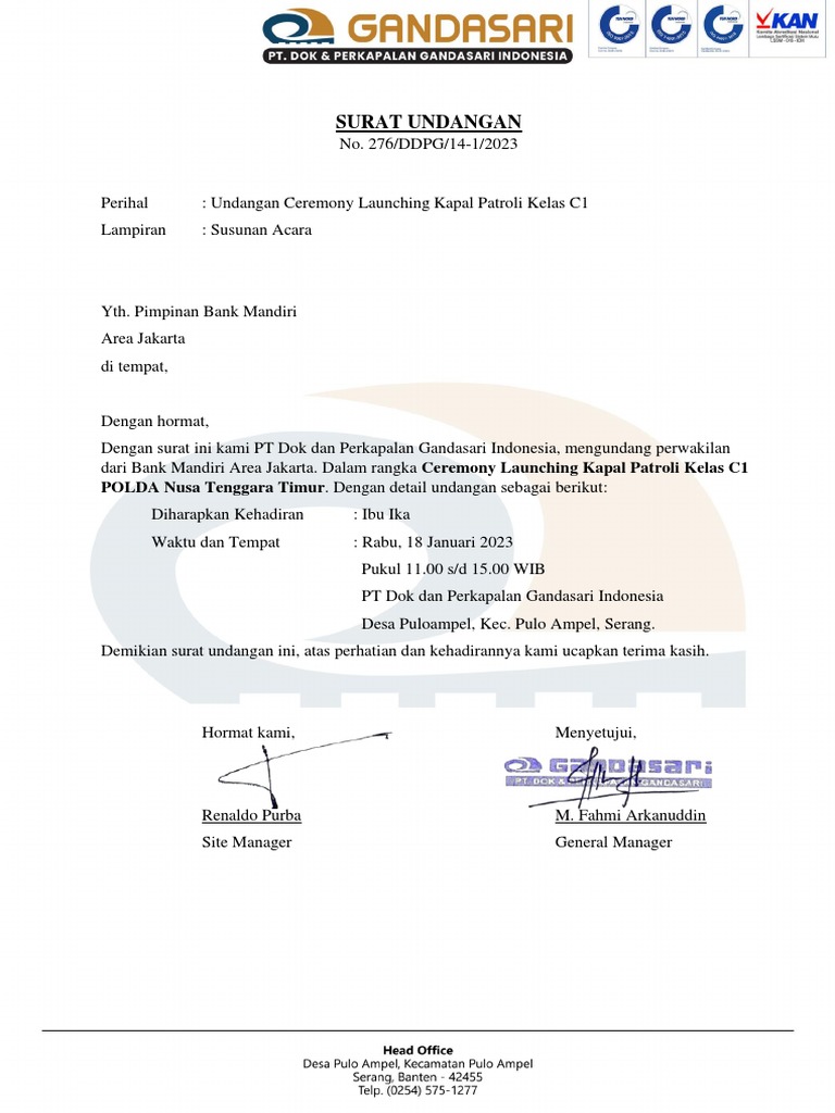Undangan Ceremony Kapal Patroli C1 - Bank Mandiri - Ika | PDF
