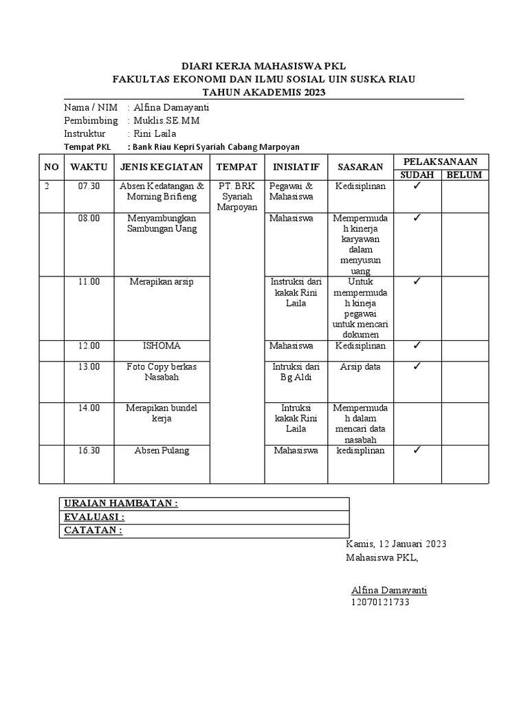 Diari Kerja Mahasiswa PKL | PDF