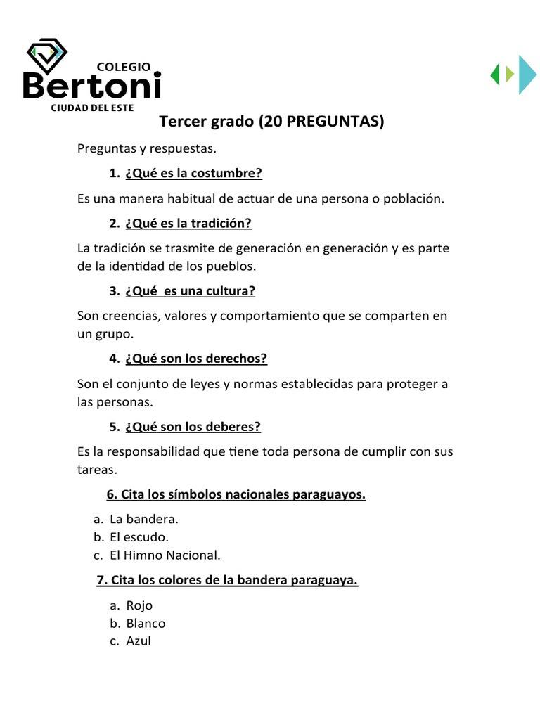 20 PREGUNTAS Tercer Grado | PDF