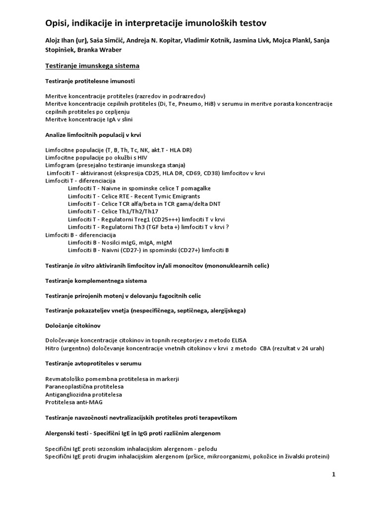 Opisi, Indikacije in Interpretacije Imunoloskih Testov | PDF