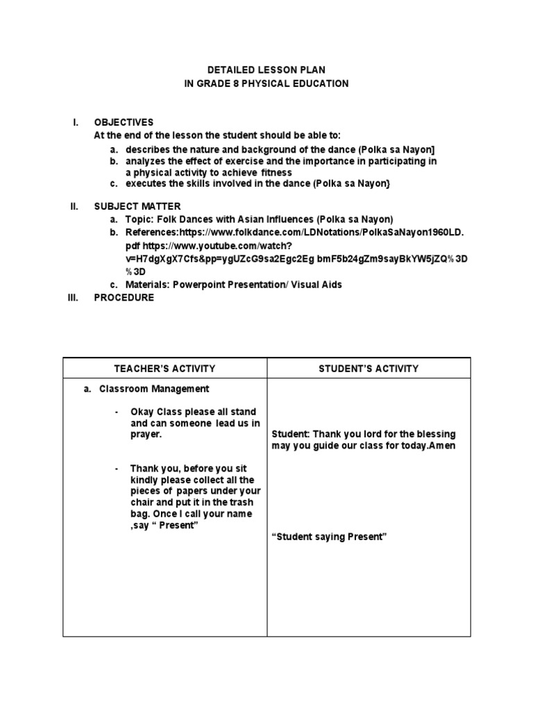 Lesson-Plan-In-Polka-Sa-Nayon-1 2 | PDF | Lesson Plan | Dances