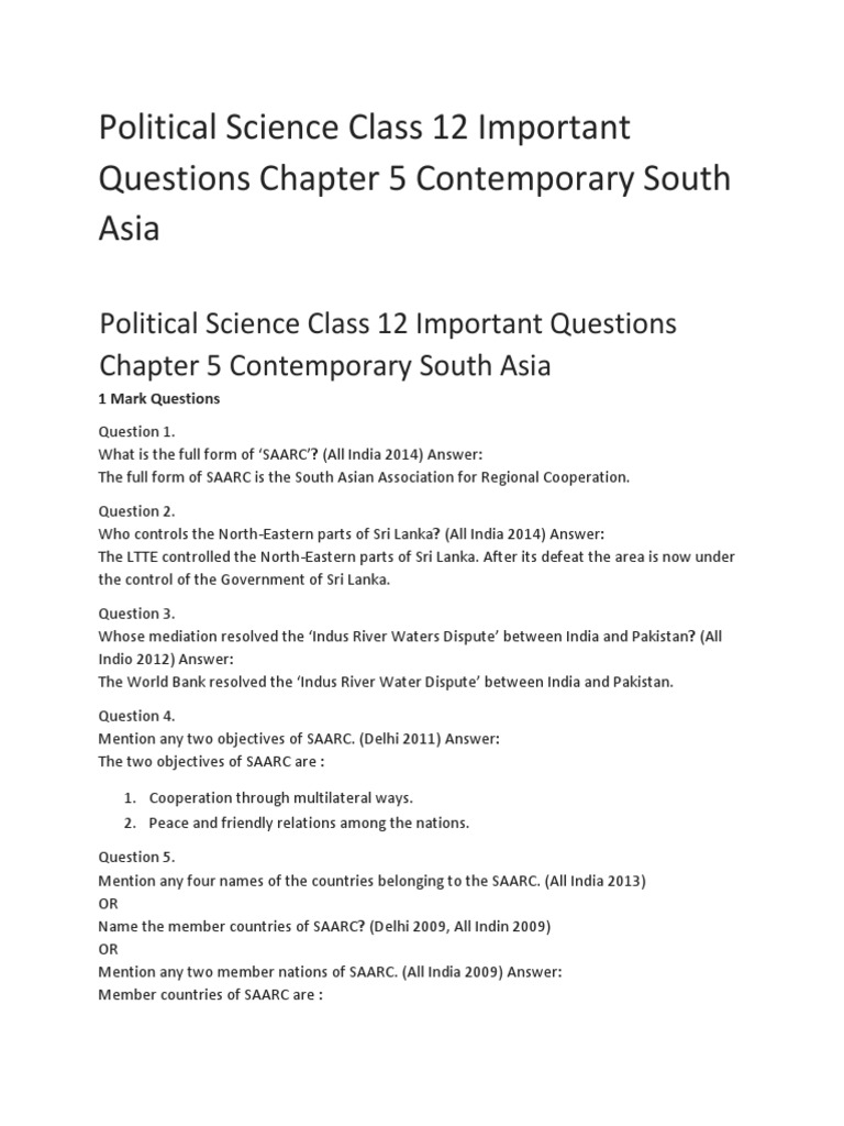 Political Science Class 12 Important Questions Chapter 5 Contemporary ...