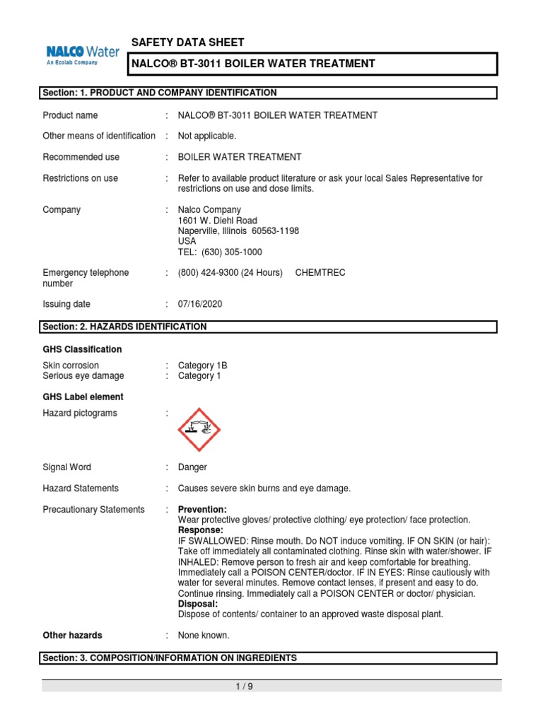 Safety Data Sheet Nalco® Bt-3011 Boiler Water Treatment: Section: 1. Product and Company ...