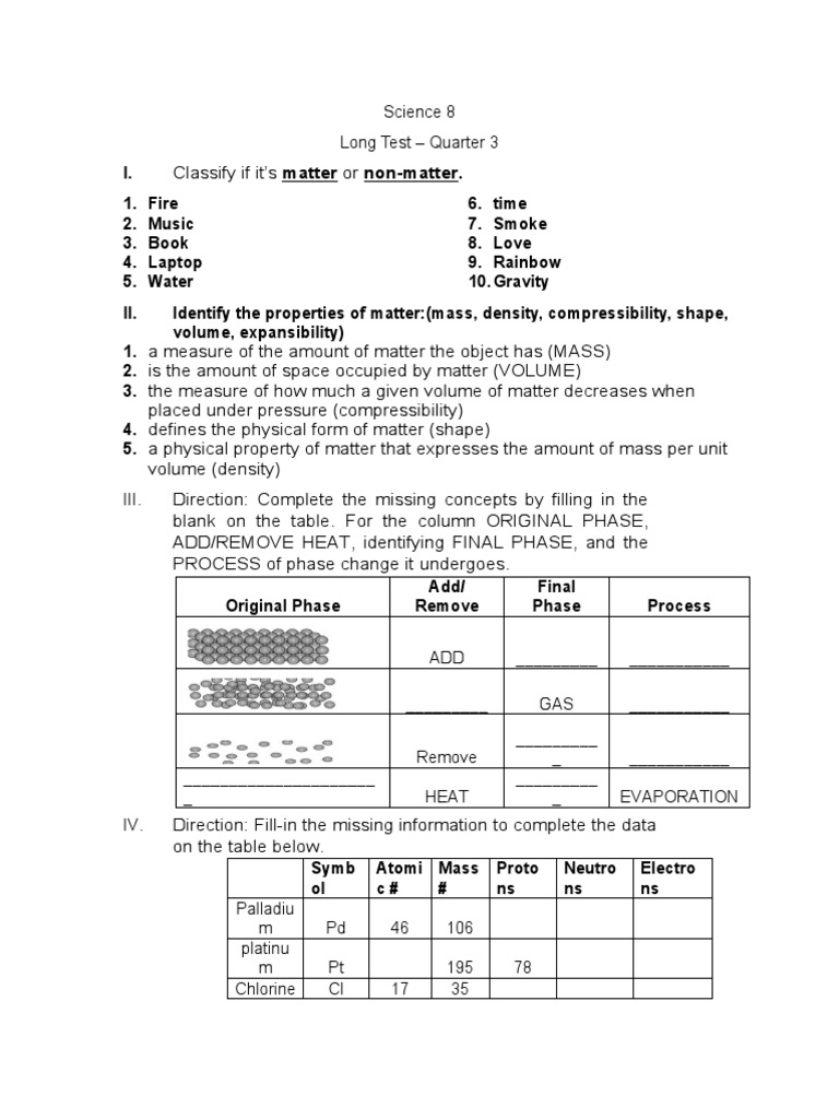 Science 8 Long Test - Quarter 3 | PDF