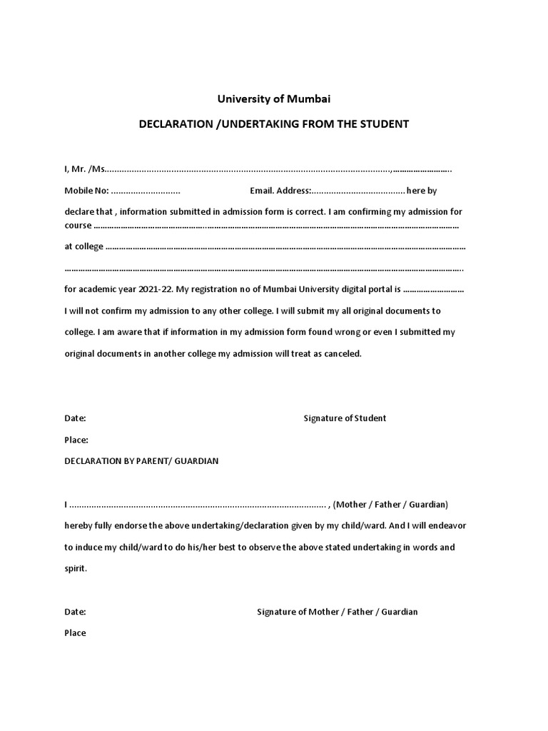 Mumbai University Undertaking Form(1) (1) | PDF