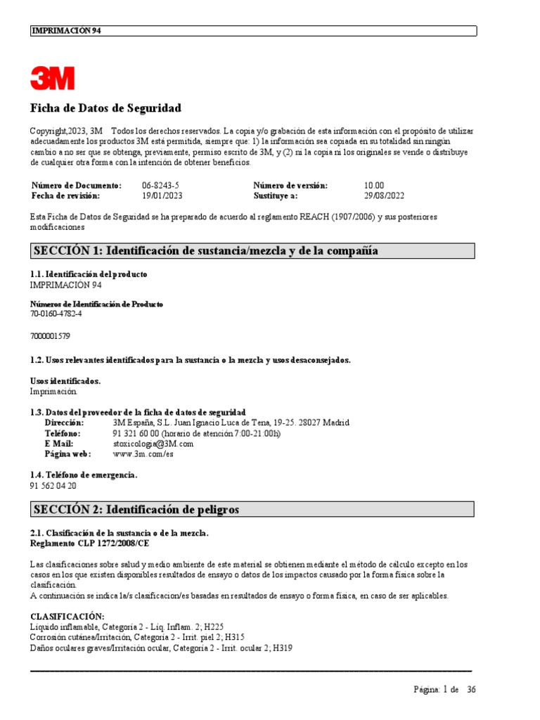 3M Primer94 FICHA SEGURIDAD | PDF | Toxicología | Agua
