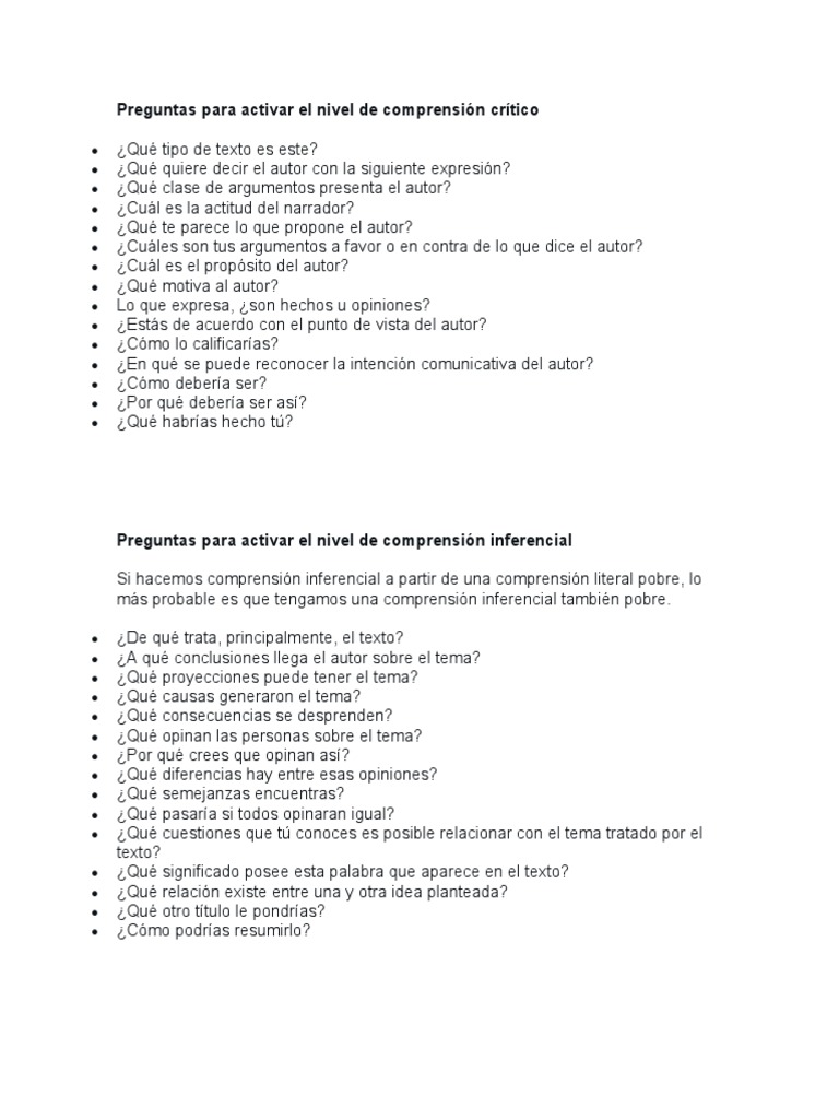 Preguntas para activar el nivel de comprensión crítico | PDF
