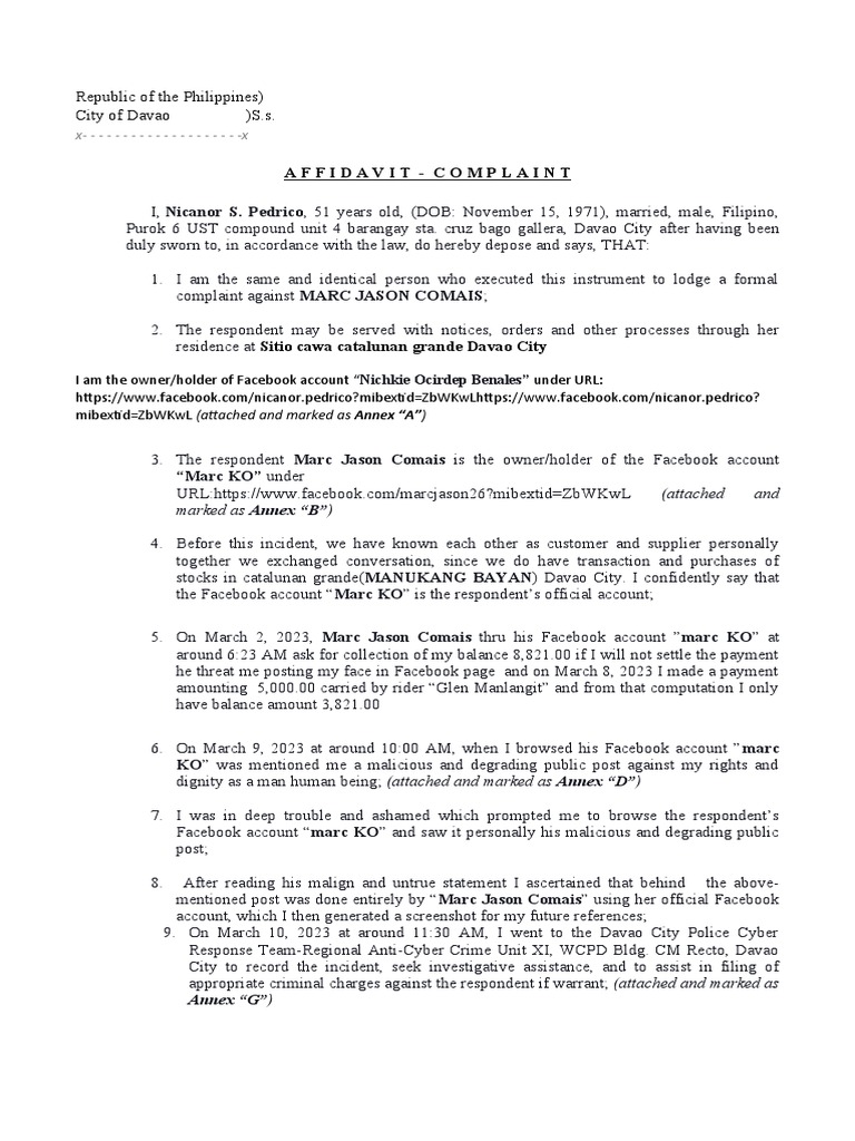 Affidavit-Of-Complaint-Mang Kanor Vs Marc KO | PDF | Affidavit | Common Law