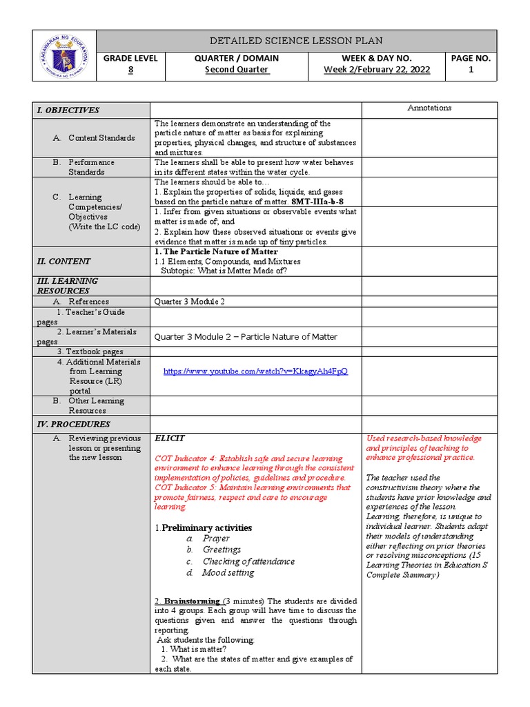 COT Lesson Plan - Q3 - Week 1 (State of Matter) | PDF