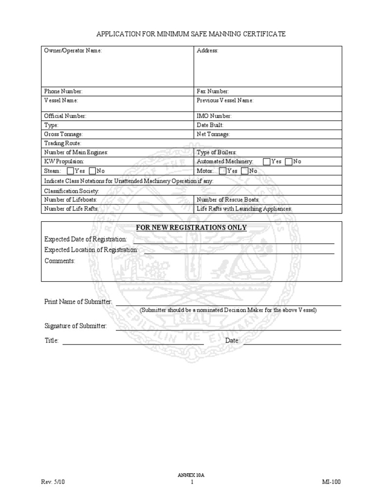 Application For Minimum Safe Manning Certificate: For New Registrations Only | PDF | Shipping ...