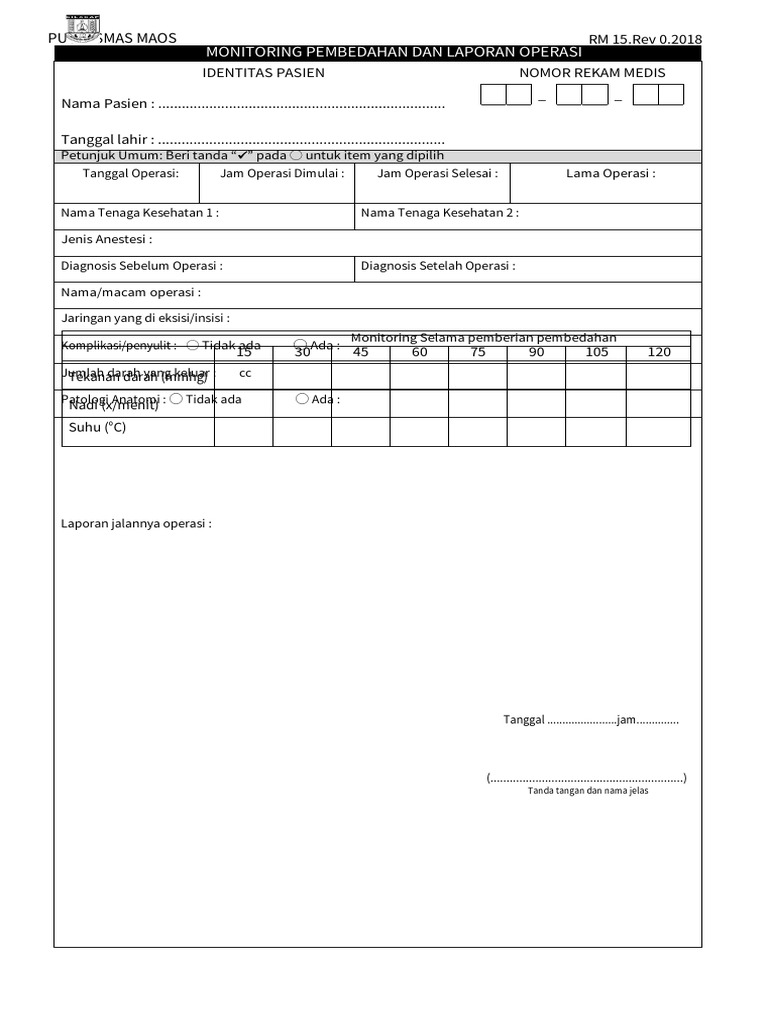 RM 15 LAPORAN OPERASI Dan Monitoring Pembedahan-Dikonversi | PDF
