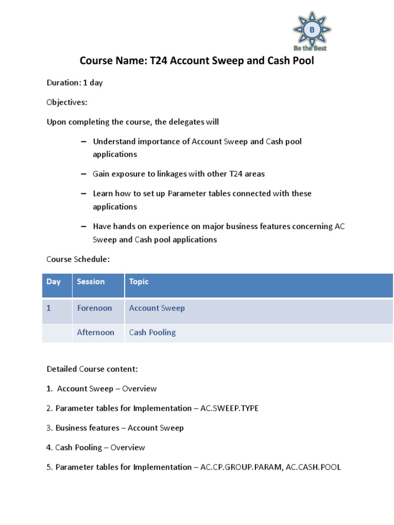 T24 Account Sweep and Cash Pool Course | PDF | Business
