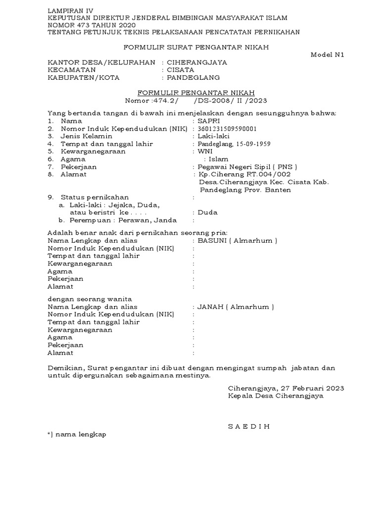MODEL N1 Formulir Pengantar Nikah | PDF
