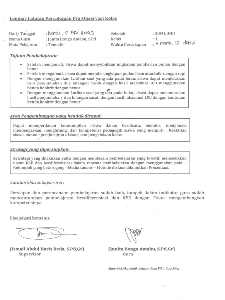 1 - Lembar Catatan Percakapan Pra-Observasi Kelas 2.3 CGP | PDF