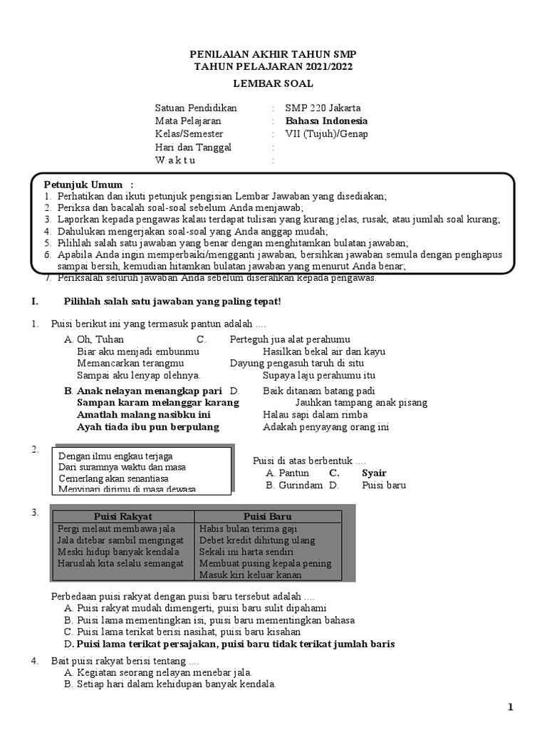 Soal B.indo Kls 7 Pat SMPN 220 Terbaru | PDF