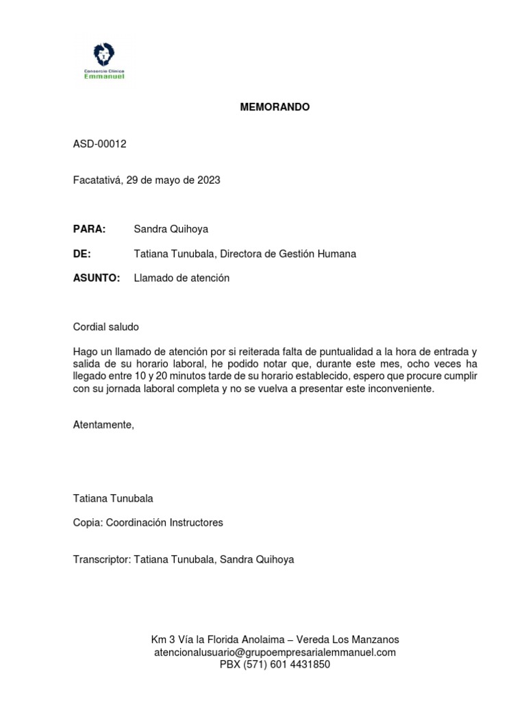 Memorando de Llamado de Atencion | PDF