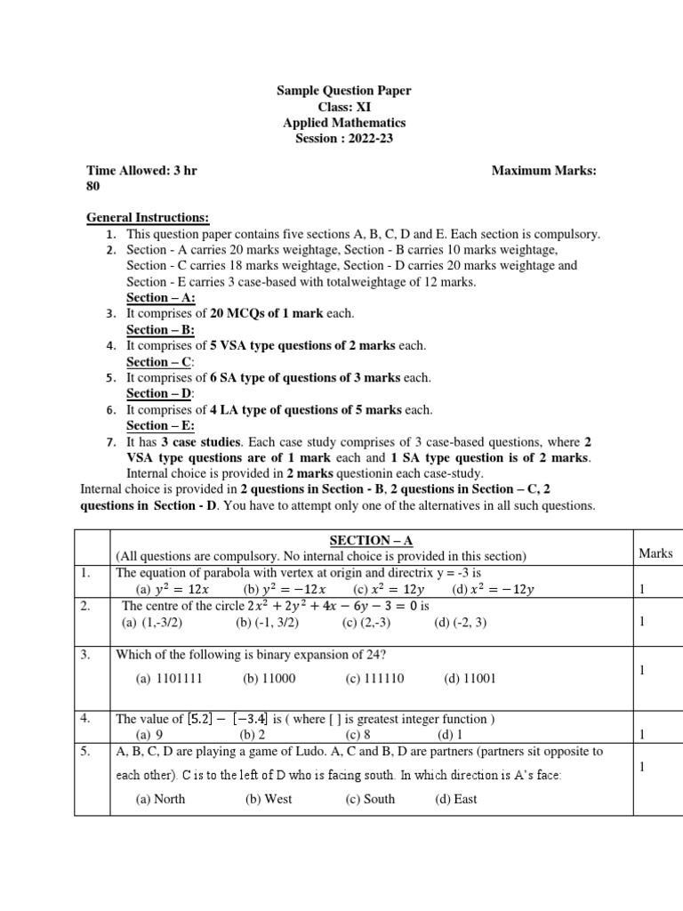 Sample Question Paper Class XI Applied Maths 2022-23 | PDF