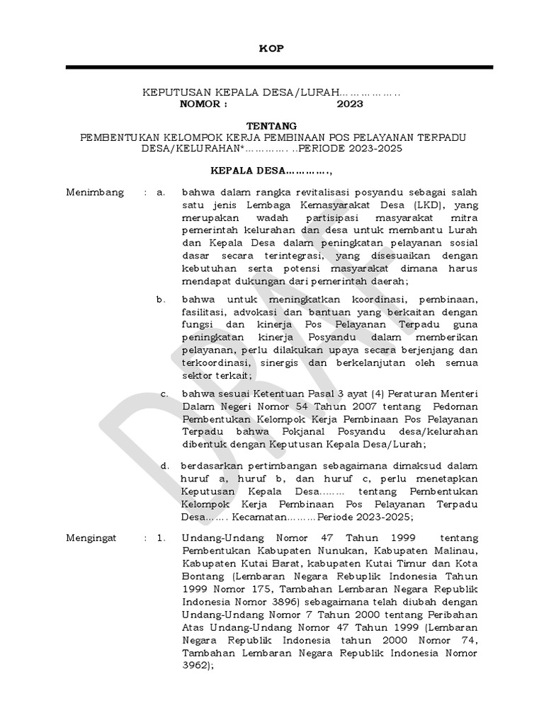 DRAF SK Pokja Posyandu Desa | PDF