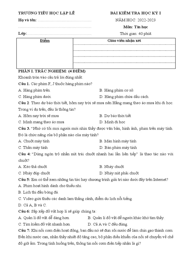 De Thi Tin Hoc HK1 Lop 3 | PDF