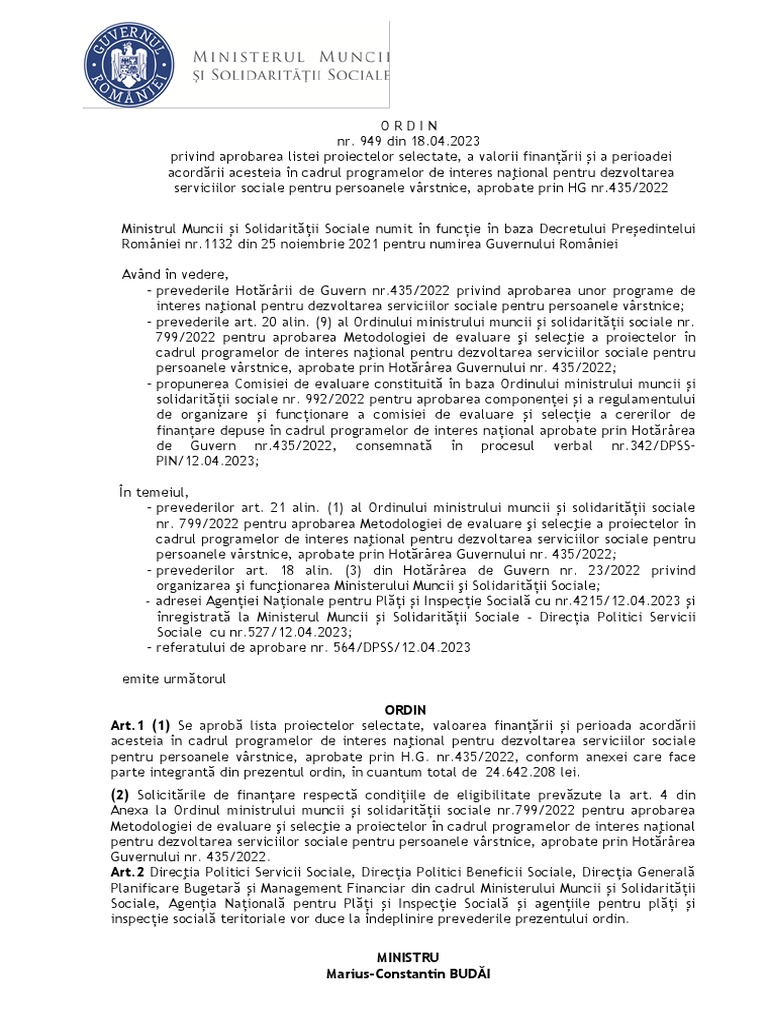 Ordin MMSS 949 18042023 Aprobare Proiecte PIN III | PDF