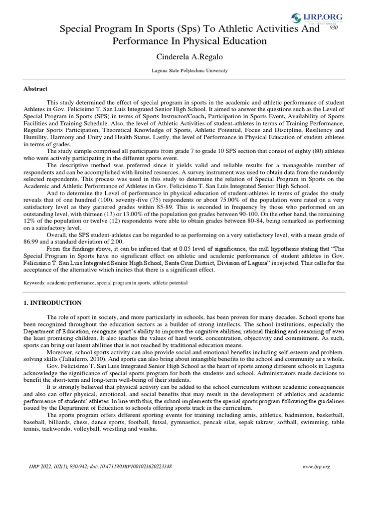 Special Program in Sports (SPS) To Athletic Activities and Performance ...