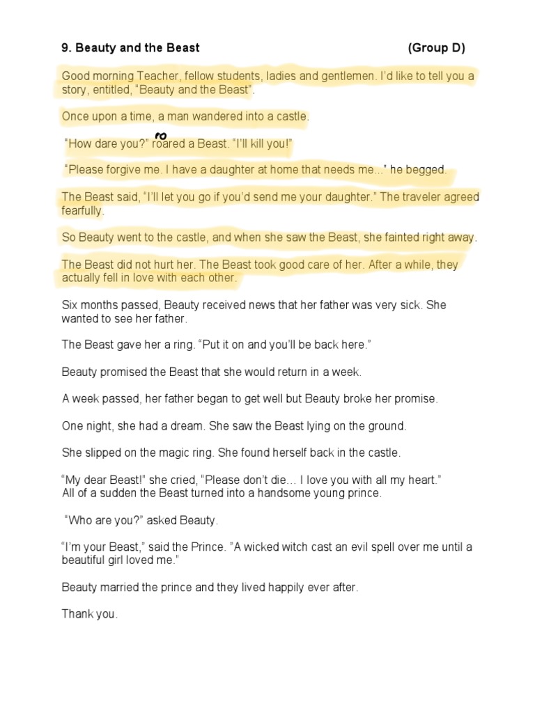 Story Telling 2007 - Scripts - Group D9. Beauty and The Beast | PDF