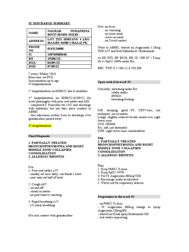 3C DISCHARGE SUMMARY NAURAH NURAFRINA BINTI MOHD SUKRI | PDF | Causes ...